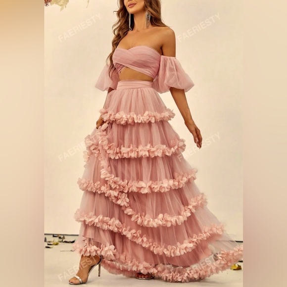 Faeriesty | Dresses | Elegant Off Shoulder Puff Sleeve Crop Top Frill Trim Mesh Skirt | Poshmark